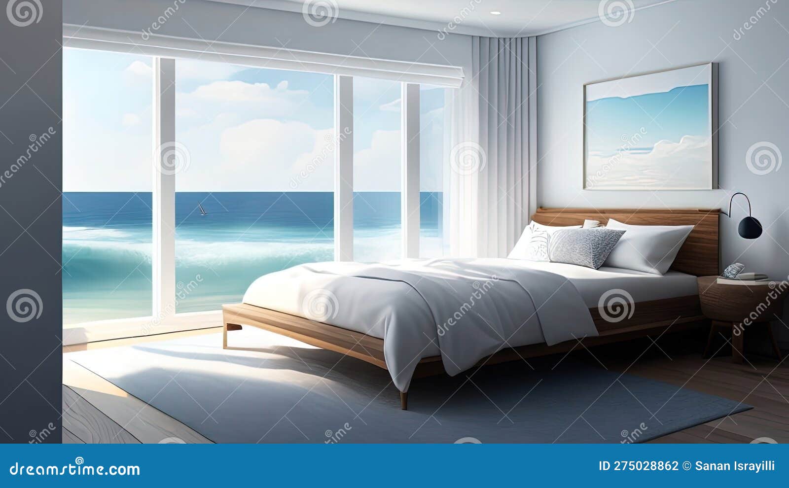 Bedroom Interior with Sea View. 3D Rendering Stock Illustration ...
