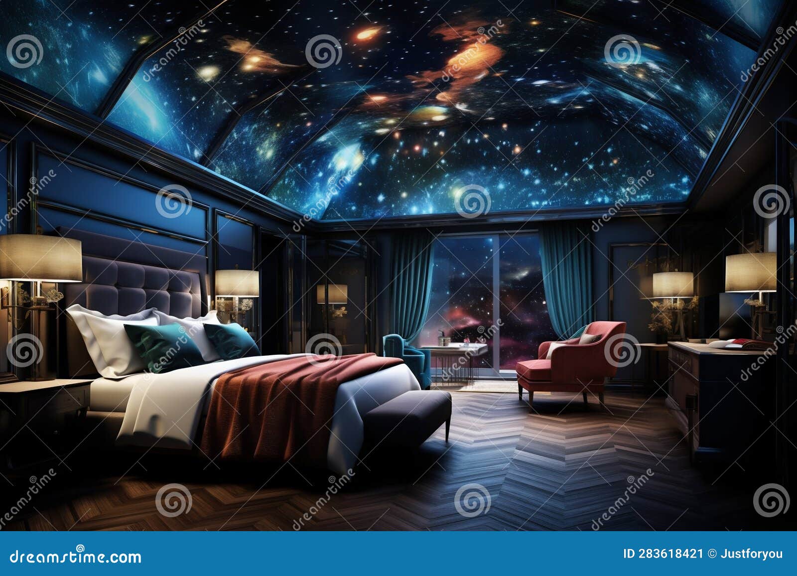 Bedroom Interior with a Starry Design on the Ceiling. Generative Ai ...