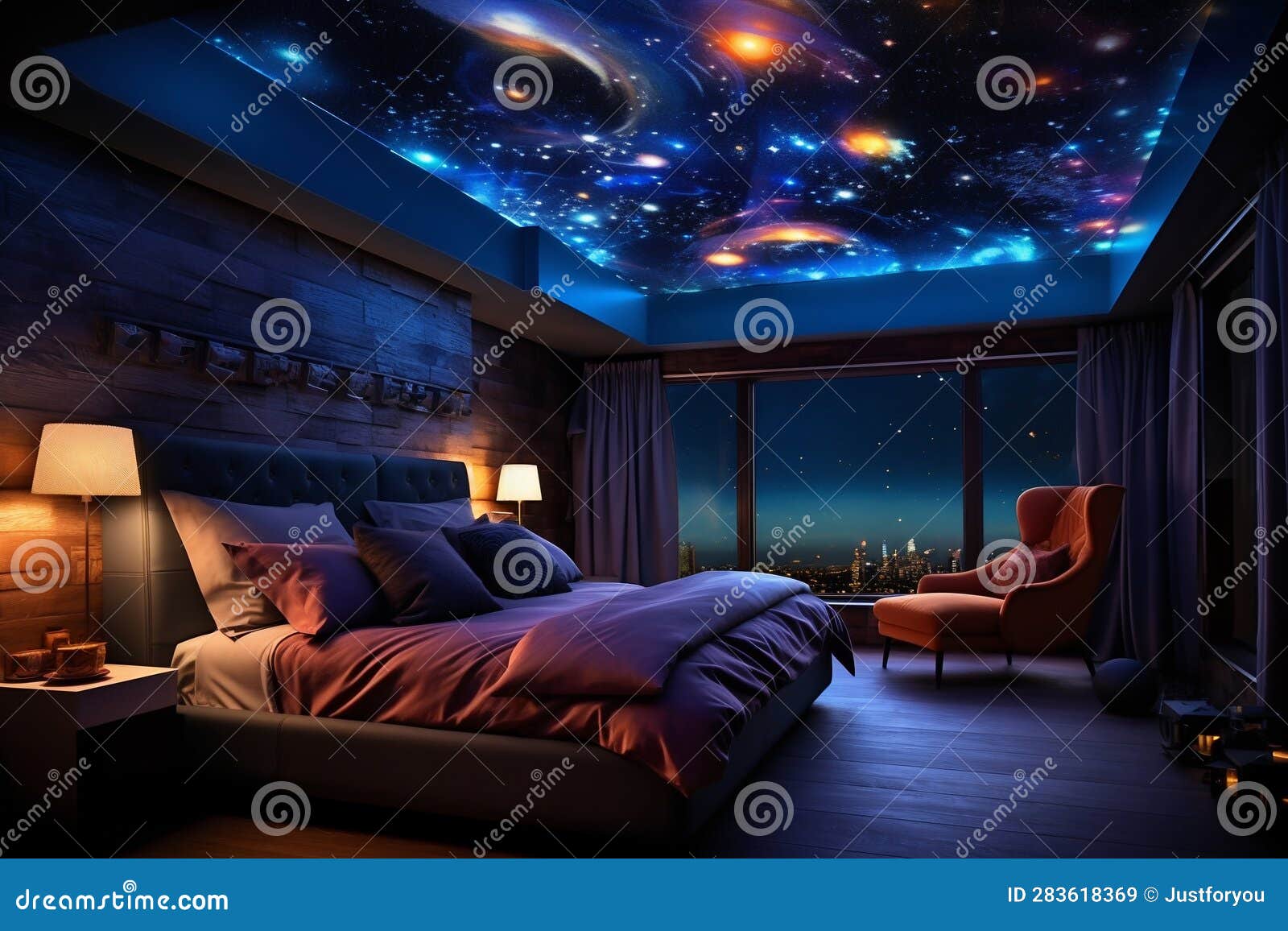 Bedroom Interior with a Starry Design on the Ceiling. Generative Ai ...