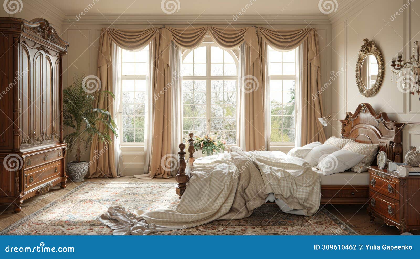 Bedroom with Large Bed and Two Windows Stock Photo - Image of windows ...