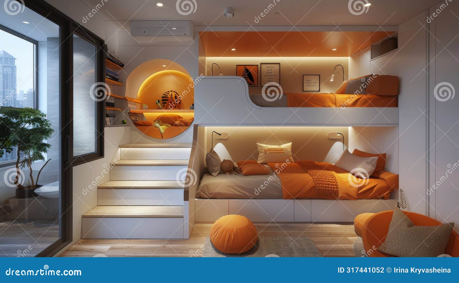 Bedroom with Loft Bed and Stairs Stock Photo - Image of living ...