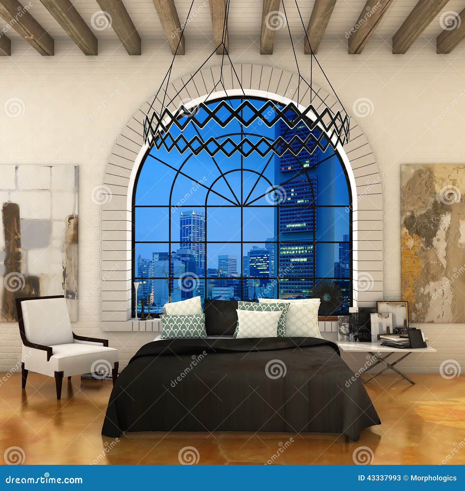 Loft Bedroom Modern with Big Old Window Stock Image - Image of artist ...