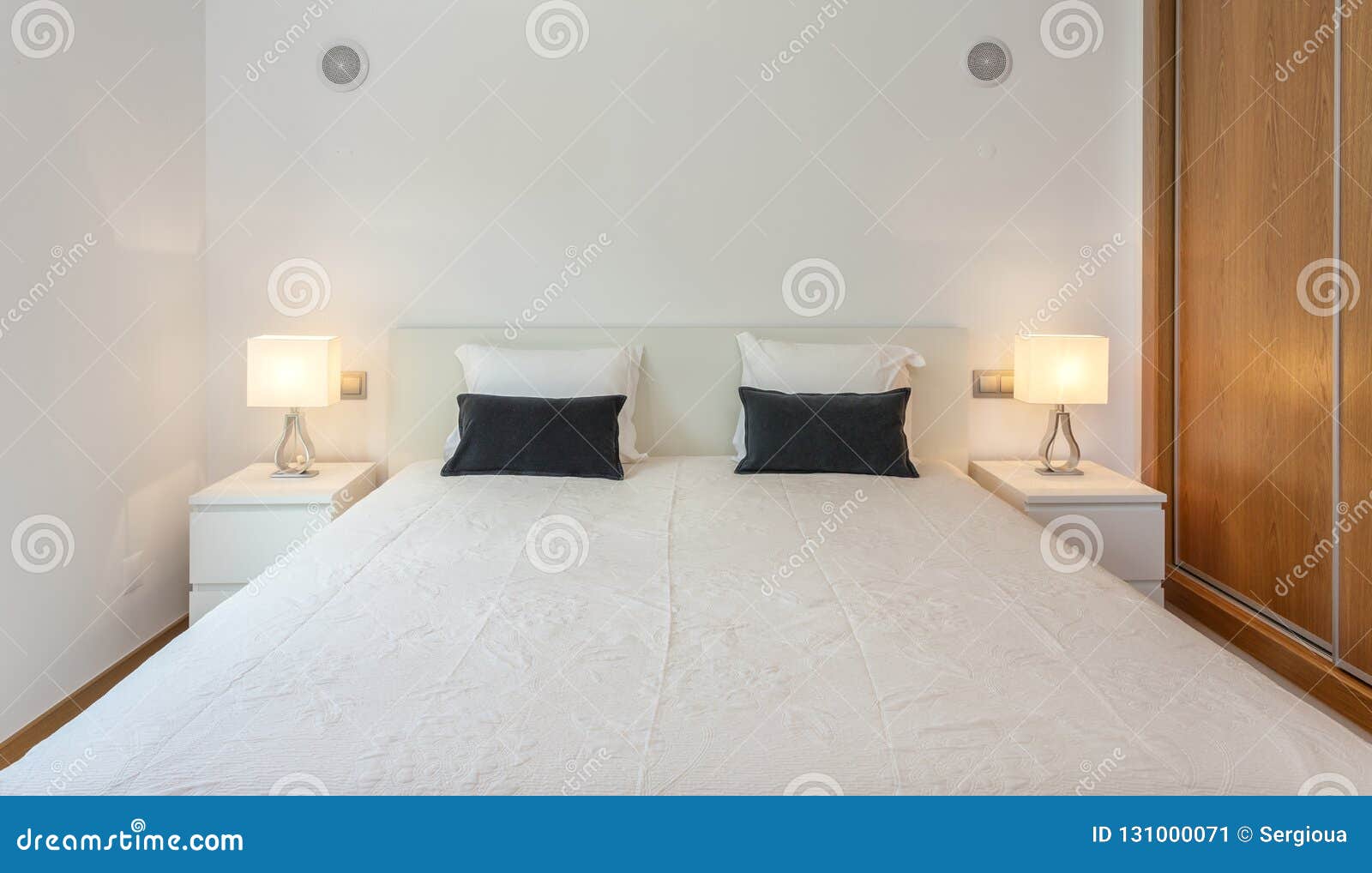 Bedroom in Modern Style with Bed and Pillows. Front View. Stock Image ...