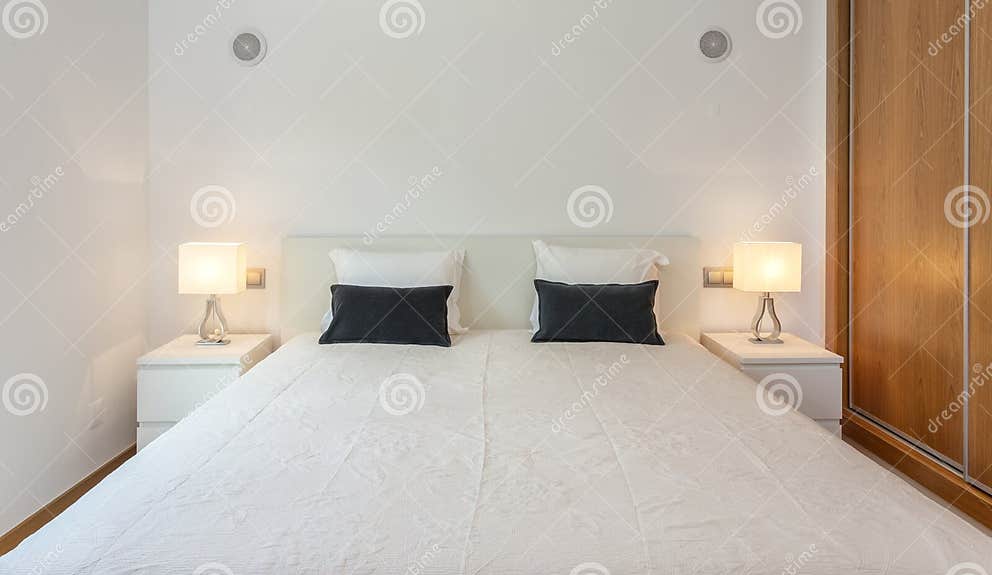 Bedroom in Modern Style with Bed and Pillows. Front View. Stock Image ...