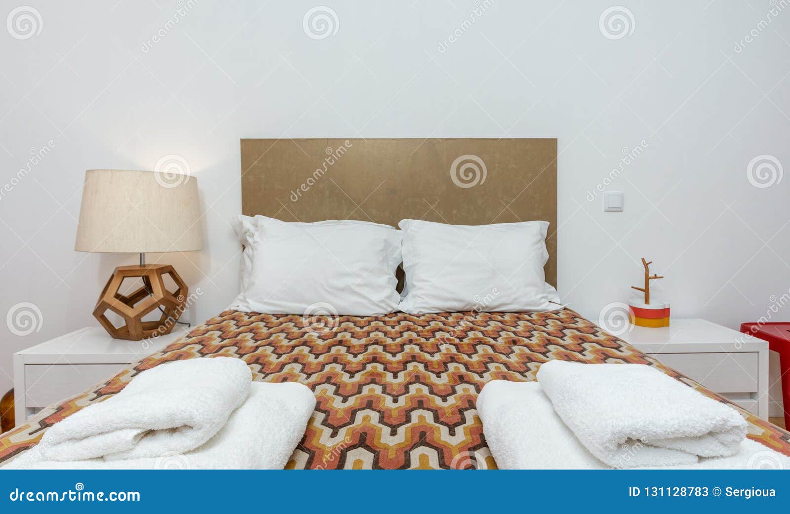 Bedroom in Modern Style with Bed and Pillows. Front View. Stock Image ...