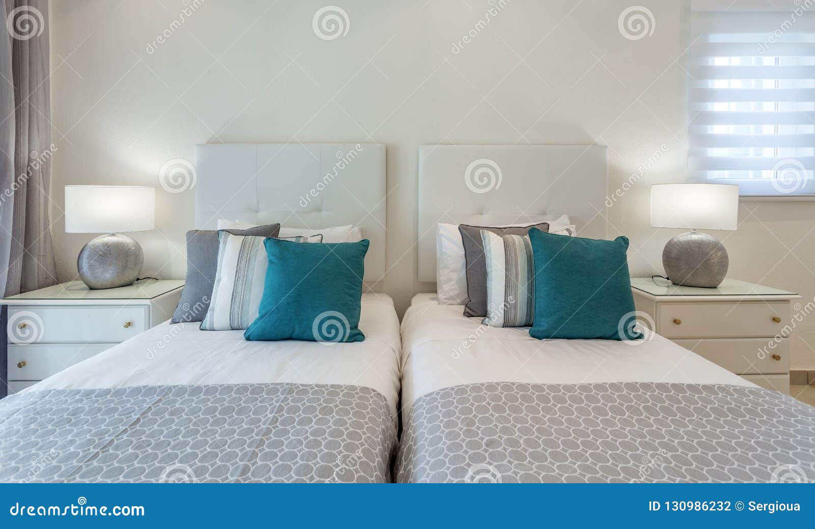 Bedroom in Modern Style with Bed and Pillows. Front View. Stock Photo ...