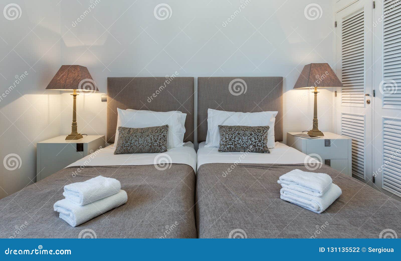Bedroom in Modern Style with Bed and Pillows. Front View. Stock Photo ...