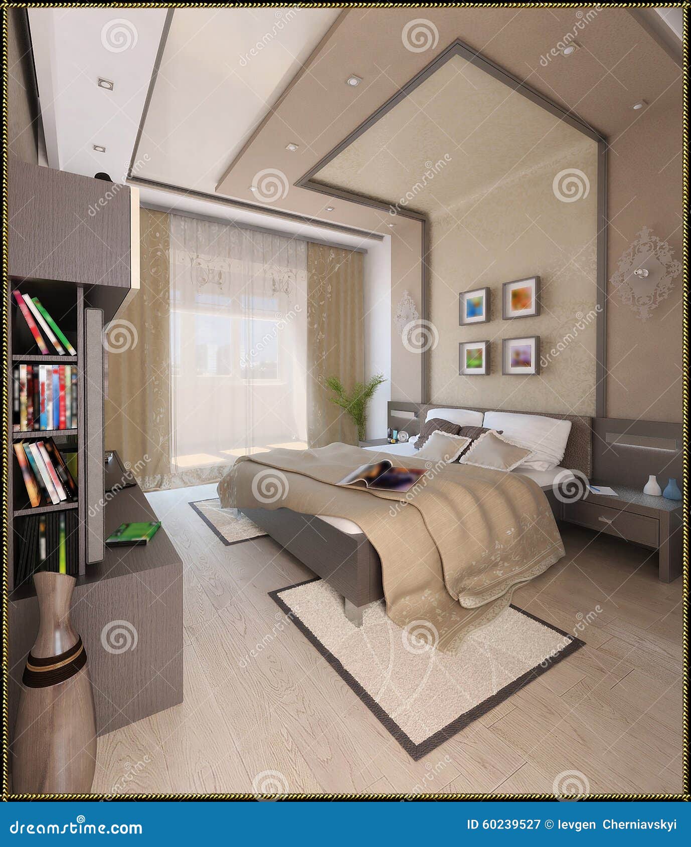 Bedroom Modern Style Interior Design, 3D Render Stock Illustration ...