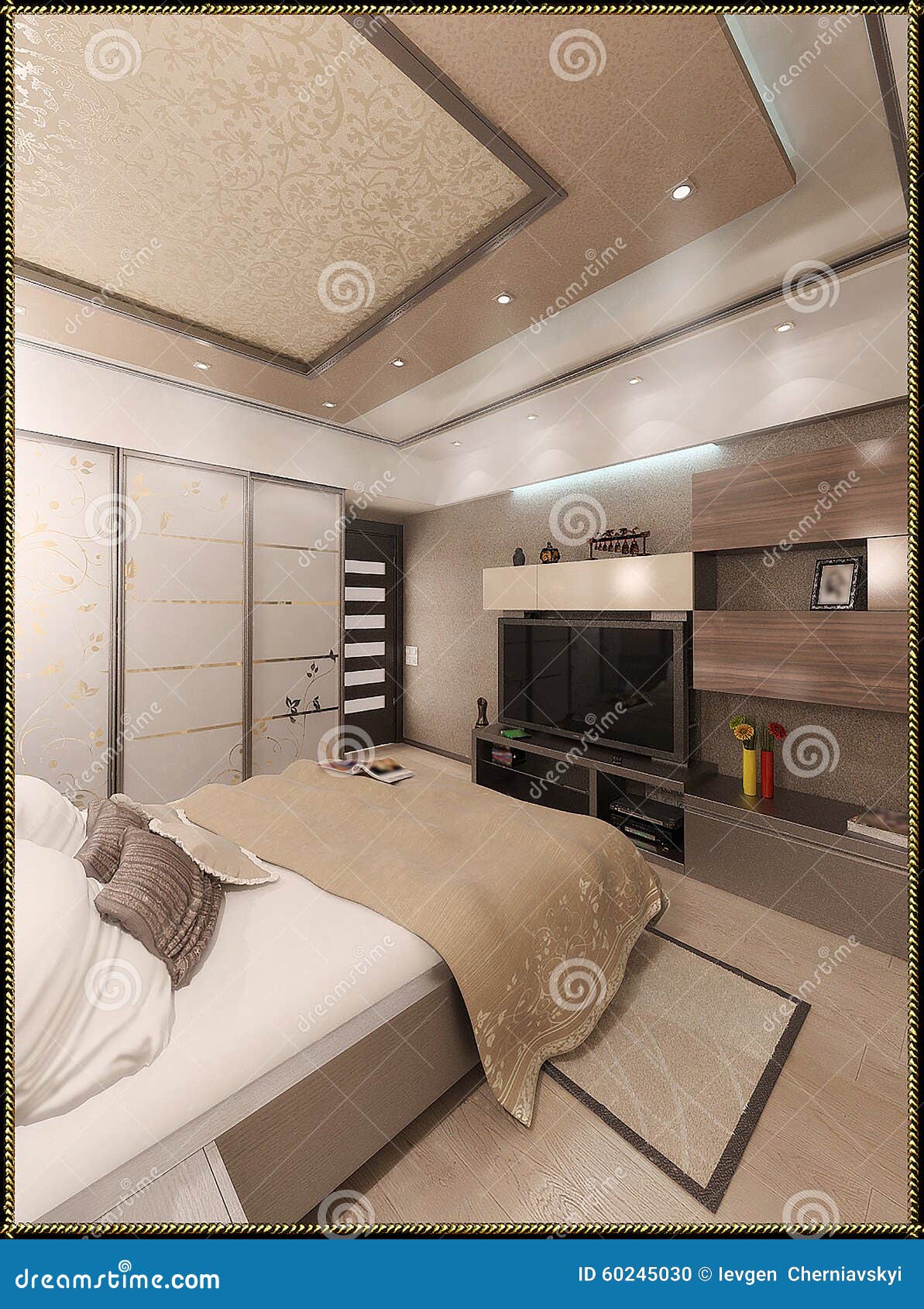 Bedroom Modern Style Interior Design, 3D Render Stock Illustration ...