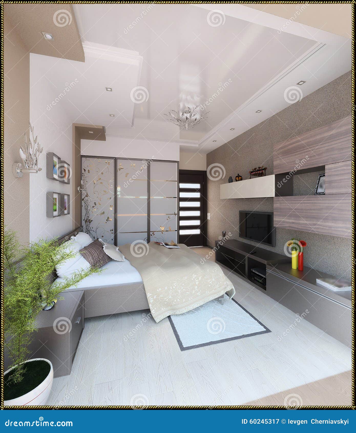 Bedroom Modern Style Interior Design, 3D Render Stock Illustration ...