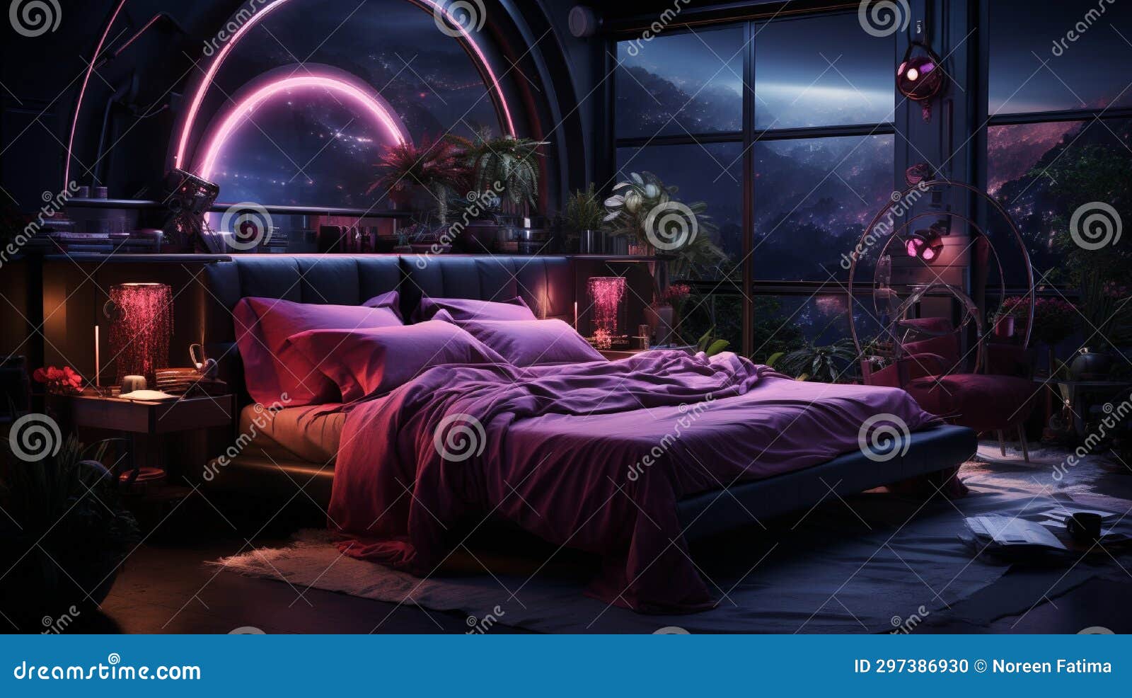 A Bedroom with Neon Lights Integrated into the Ceiling and Headboard ...