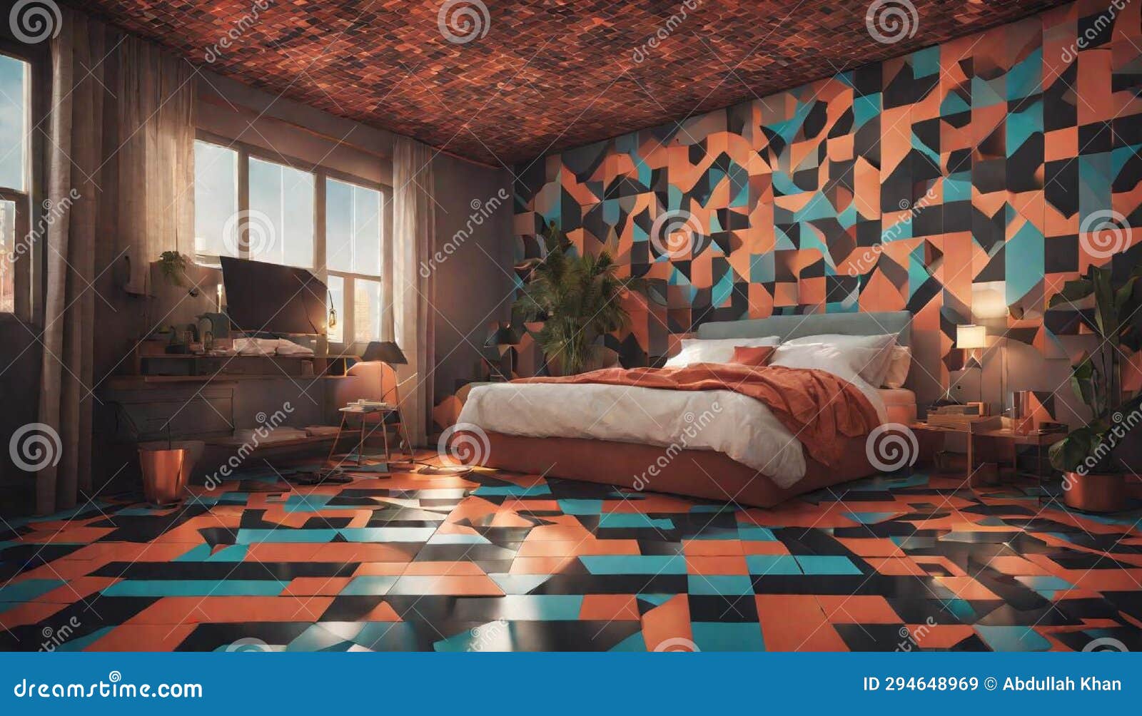 A Bedroom with Neon-lit Geometric Floor Stock Illustration ...