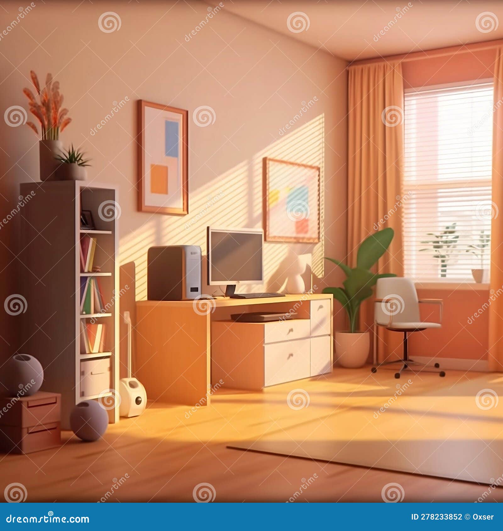 Bedroom Office with Computer Desk and Monitor Stock Illustration ...