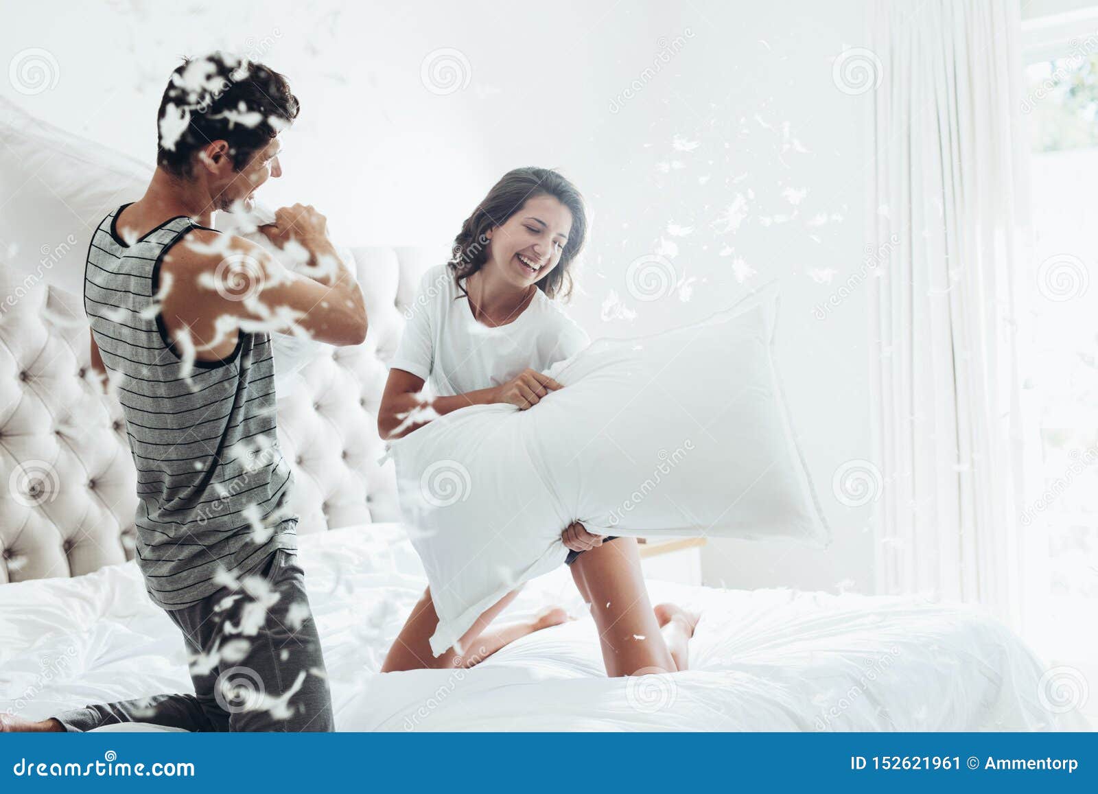 Bedroom Pillowfight Stock Image Image Of Flirting Playful 152621961