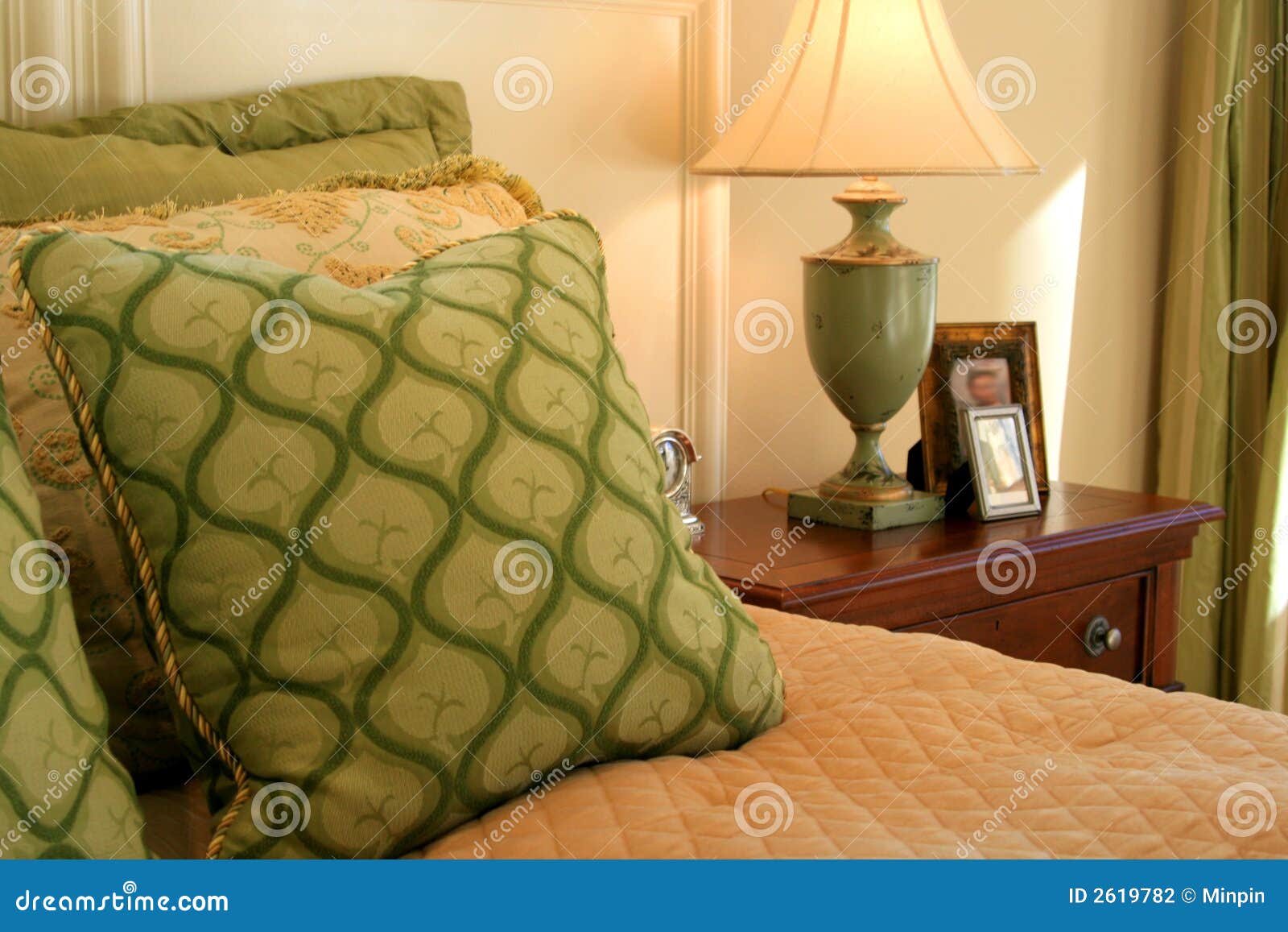 Bedroom, Pillows, Lamp,Table Stock Photo - Image of decor, bedspread ...