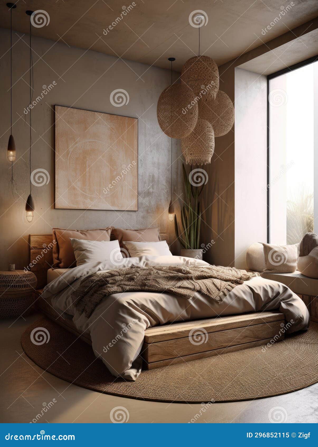 Bedroom with a Round Bed and a Large Window Stock Illustration ...