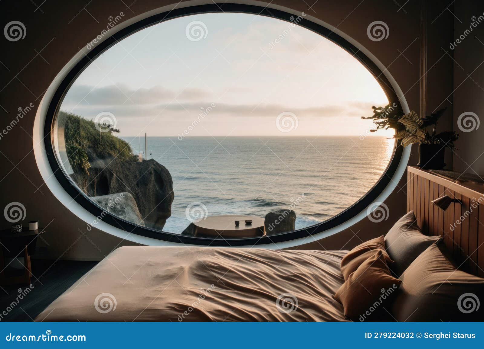 A Bedroom with a Round Window Overlooking the Ocean. Generative AI ...