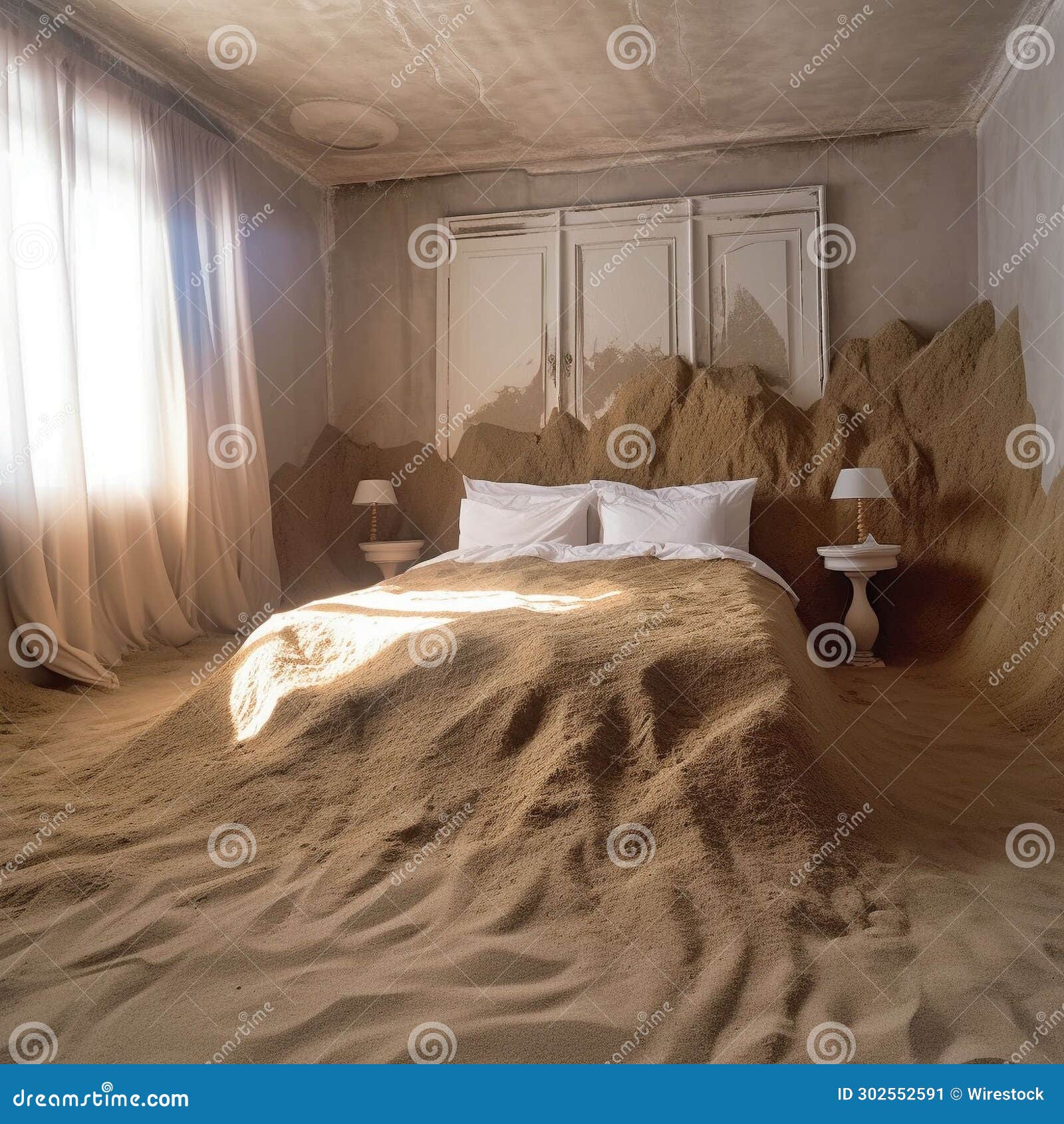 Bedroom with a Sandy Floor, Blown Away by a Gust of Wind, AI-generated ...