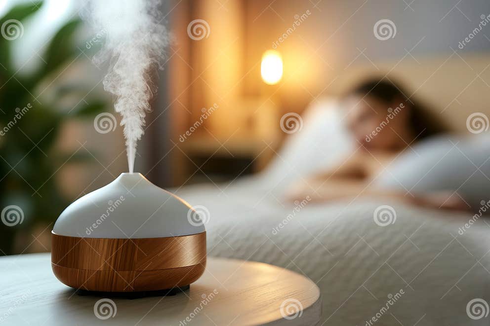 Bedroom Scene with a Steam Diffuser Creating a Relaxing Atmosphere ...