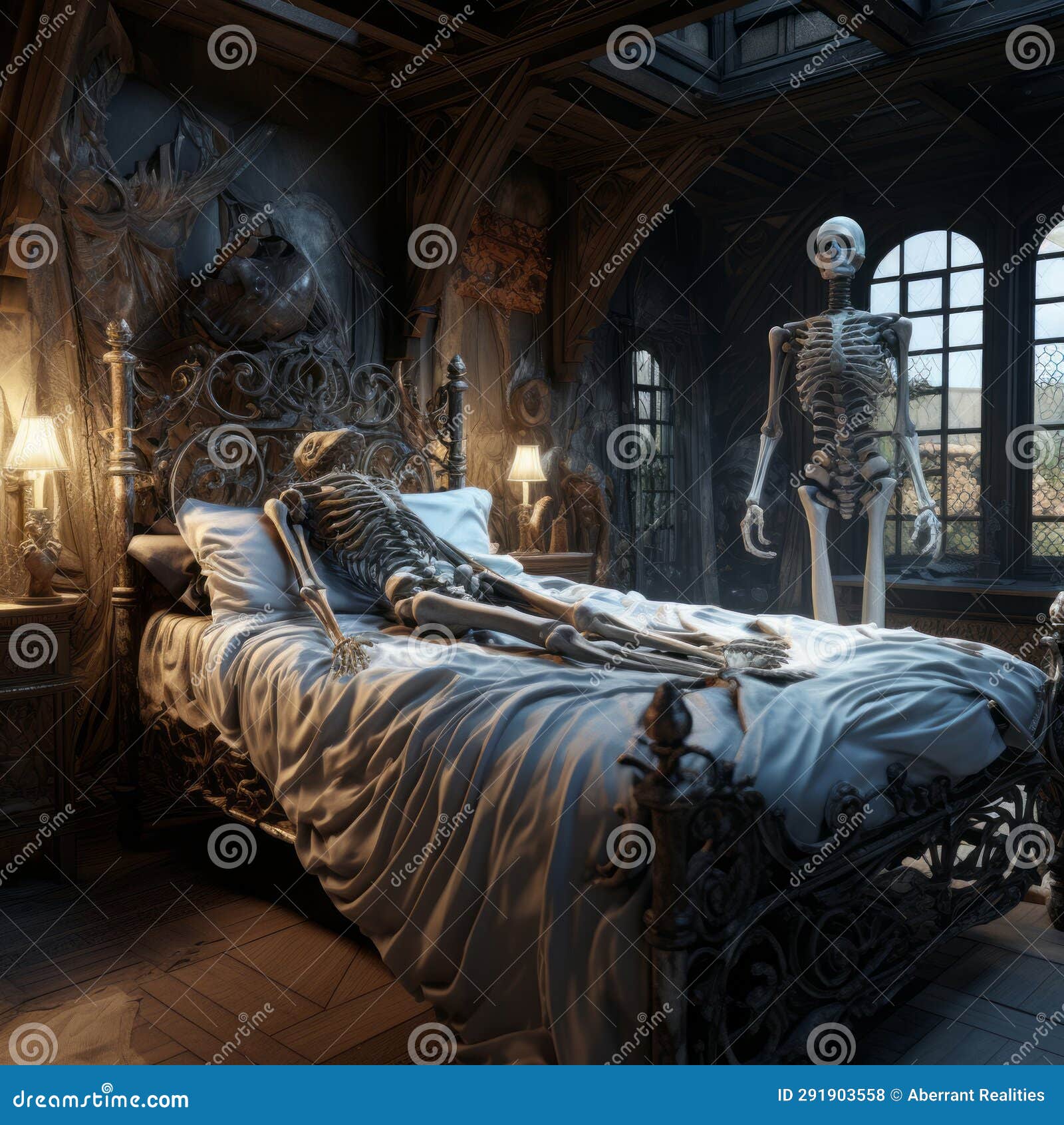 A Bedroom with a Skeleton on the Bed and a Skeleton on the Floor Stock ...
