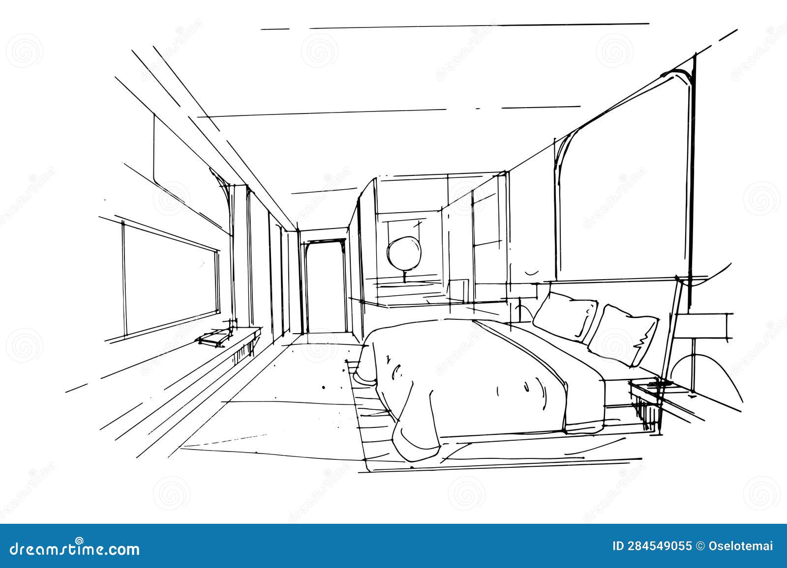 Bedroom Sketch,a Line Drawing Using Interior Architecture, Assembling ...