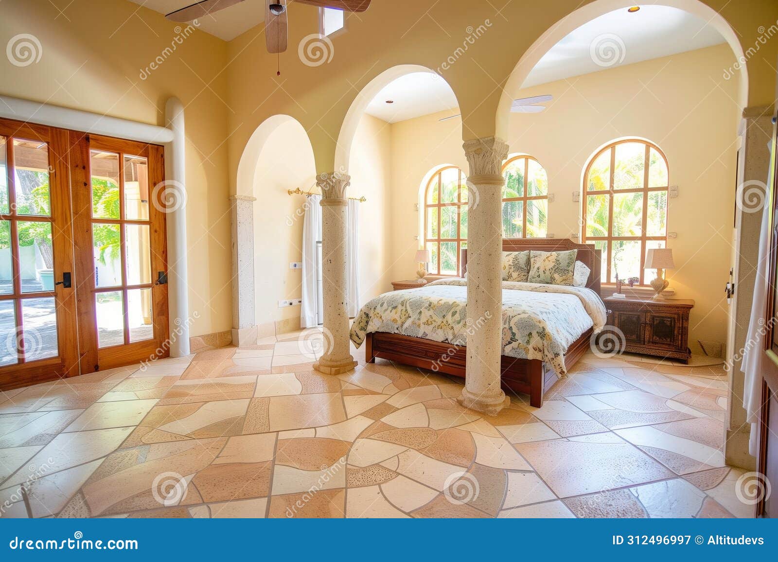 Bedroom with Tall Arches, Ceramic Floor Tiles, and a Ceiling Fan Stock ...