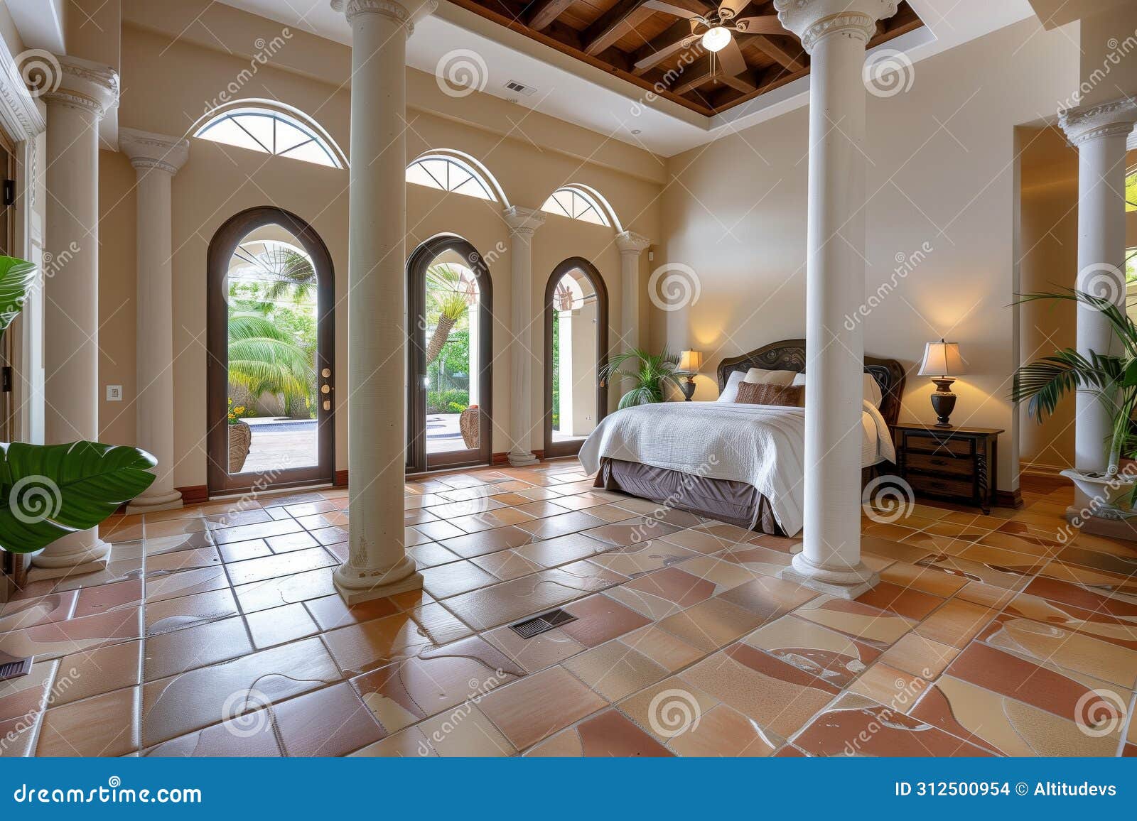 Bedroom with Tall Arches, Ceramic Floor Tiles, and a Ceiling Fan Stock ...
