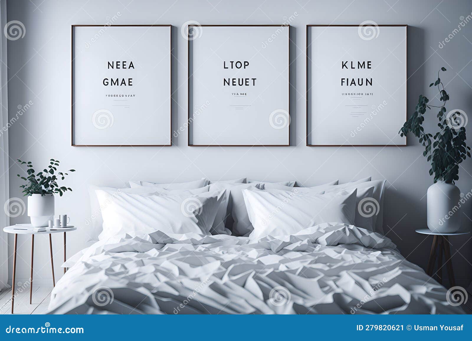 A Bedroom with Three Posters Above the Bed Stock Illustration ...