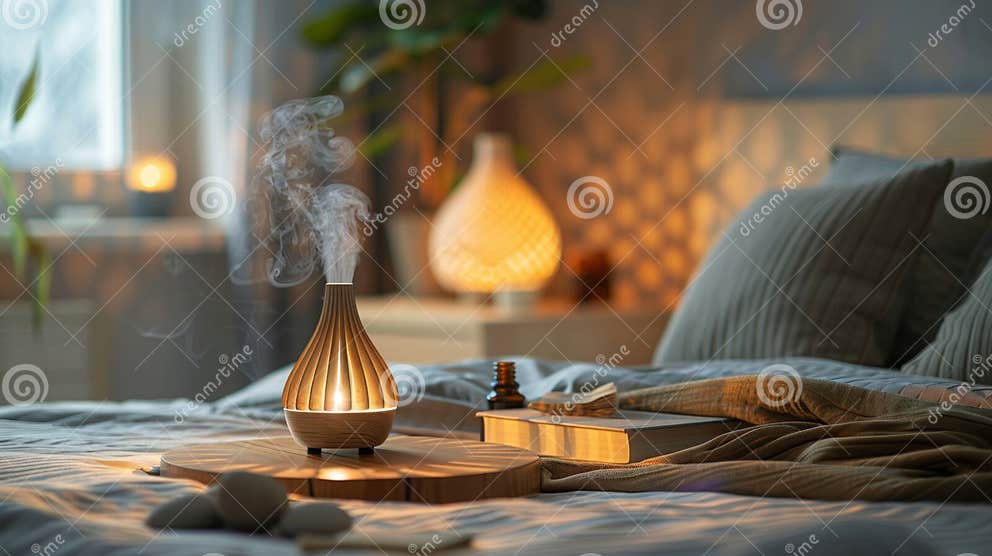 Bedroom Tranquility, a Tranquil Bedroom with an Essential Oil Diffuser and a Book on the Bedside ...