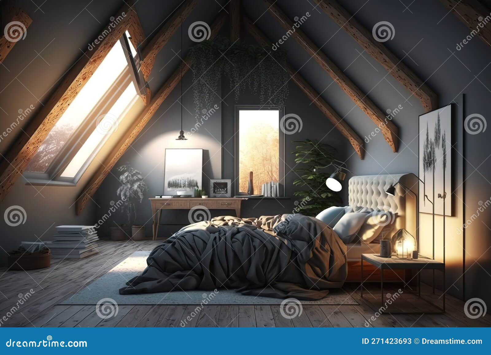 Bedroom Under the Roof Interior Design Modern& Loft - 3D Render Stock ...
