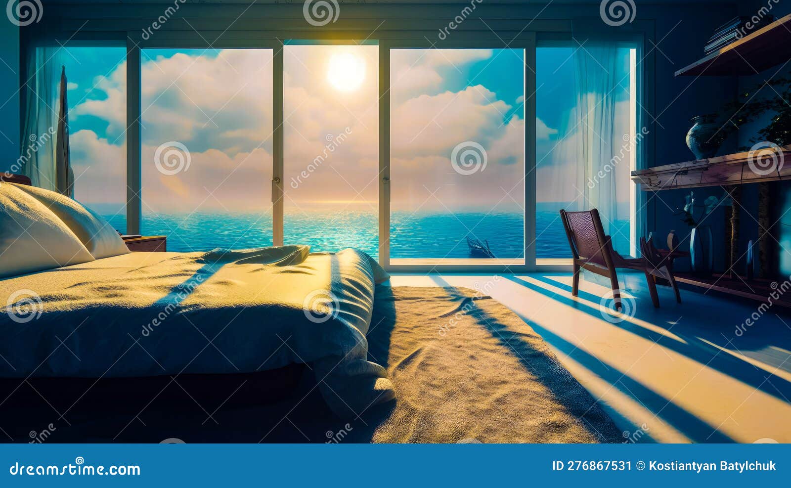 Bedroom with View of the Ocean and the Sun Shining through the Window ...