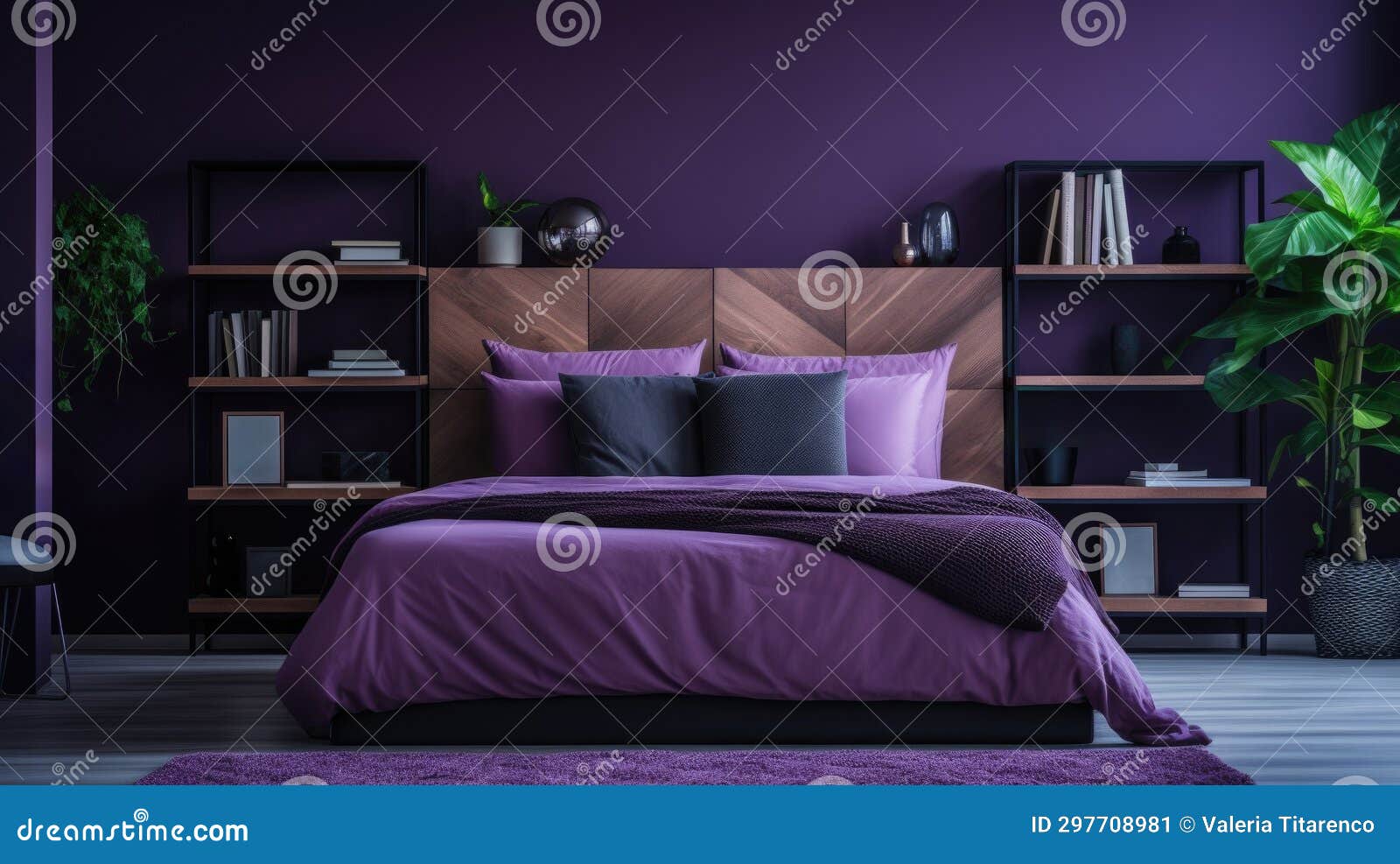 Bedroom Violet Interior Design for Inspiration and Ideas. Plants Stock ...