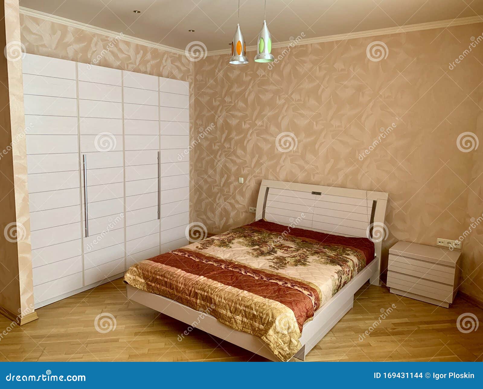 Bedroom with Wardrobe and Bedside Table Stock Photo - Image of lamp ...