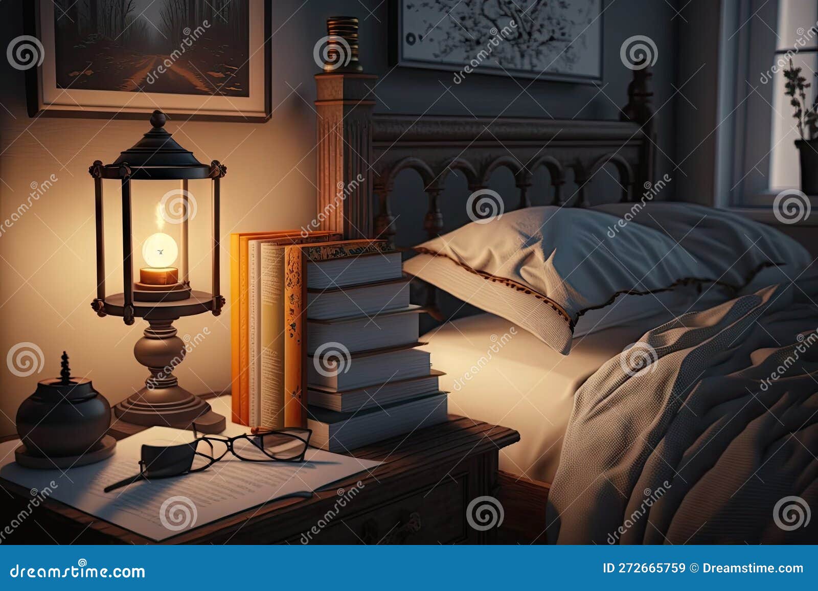 A Bedroom with Warm Lighting, a Cozy Bed, and a Stack of Books on the ...