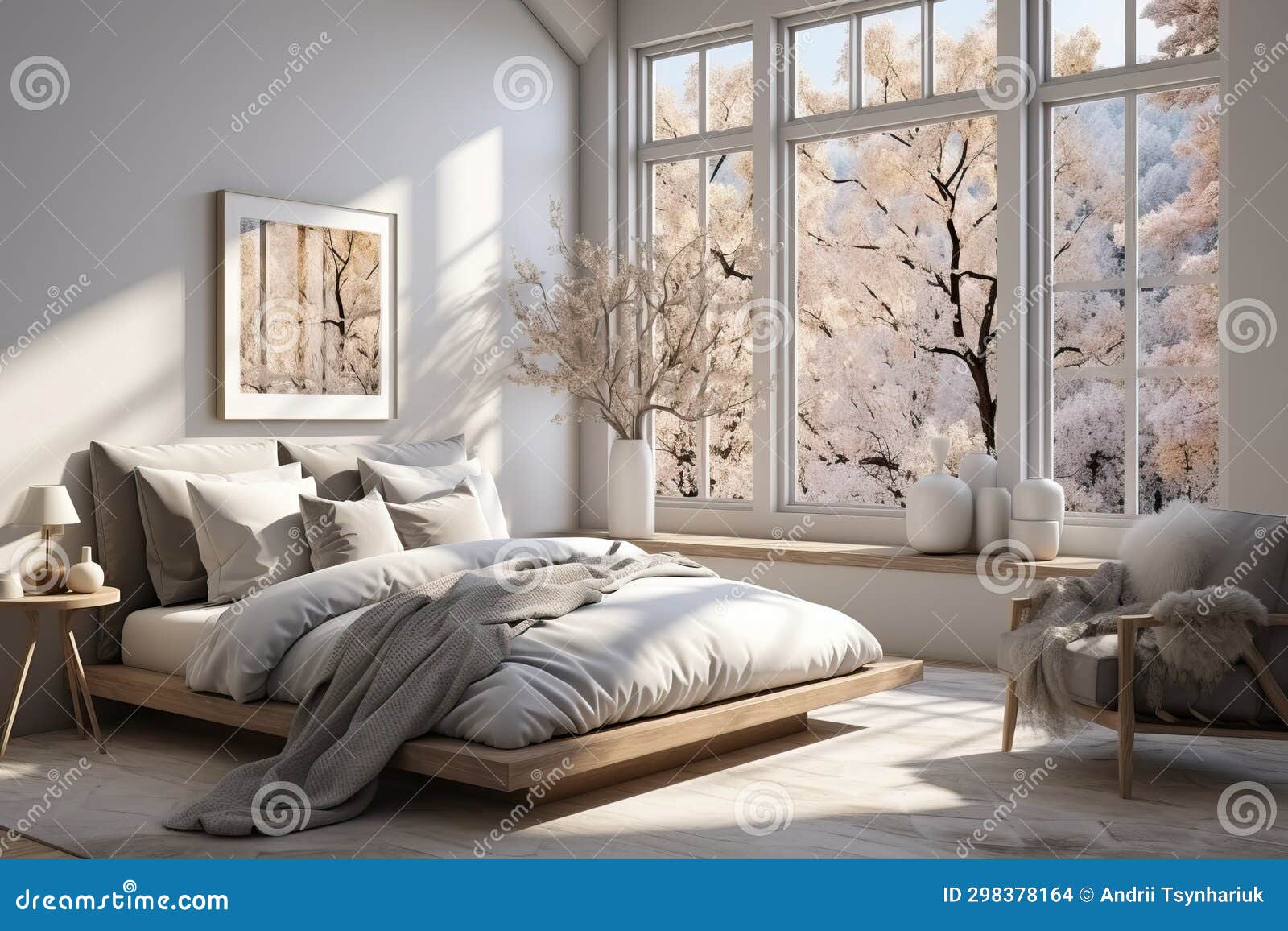 Bedroom in White Colors, Large Double Bed. Stock Photo - Image of ...