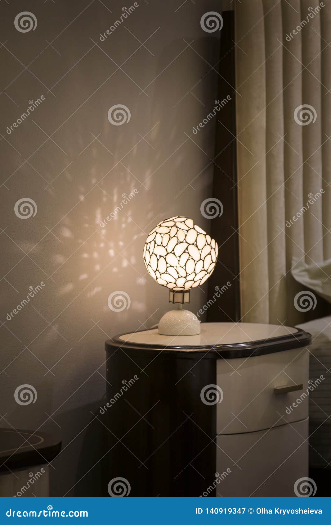 Bedside Night Lamp of a Round Form with a Beautiful Pattern. the Lamp ...