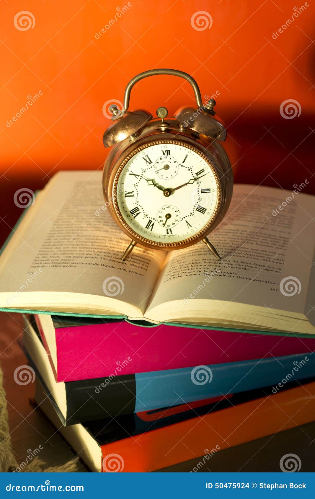 Bedtime Reading, Alarm Clock and Books Stock Photo - Image of indoor ...