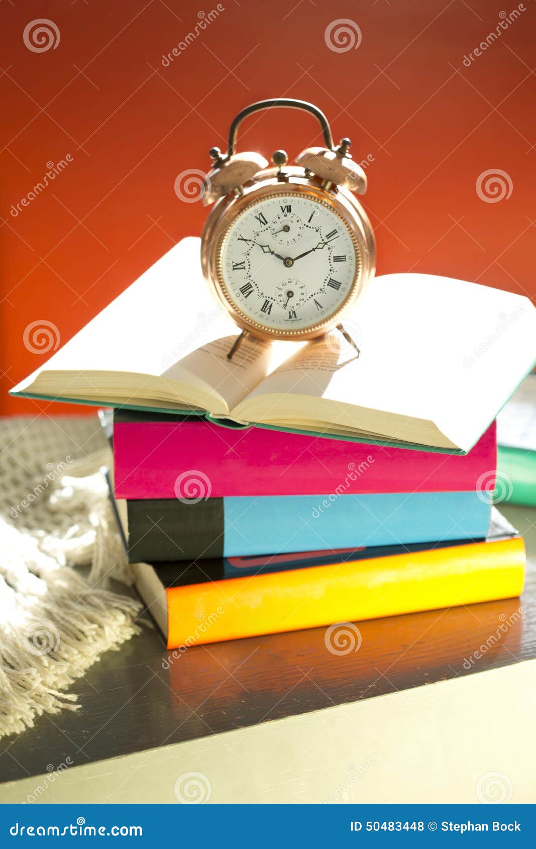 Bedtime Reading, Alarm Clock and Books Stock Photo - Image of reading ...