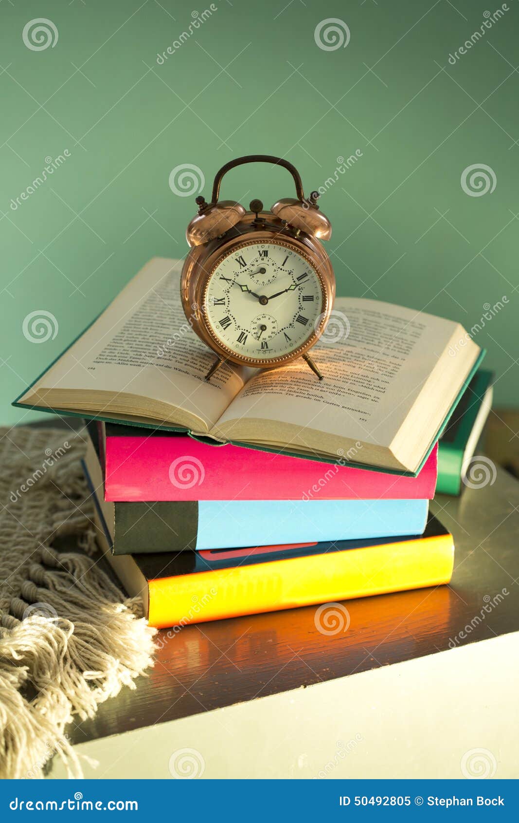 Bedtime Reading, Alarm Clock and Books Stock Image - Image of colorful ...