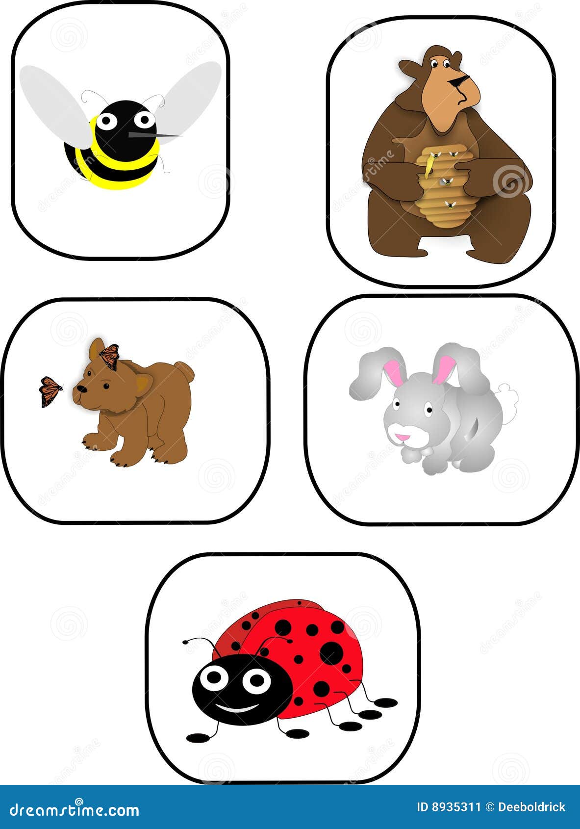 Bee, Bears, Rabbit and Ladybug Cartoon Characters Stock Vector ...