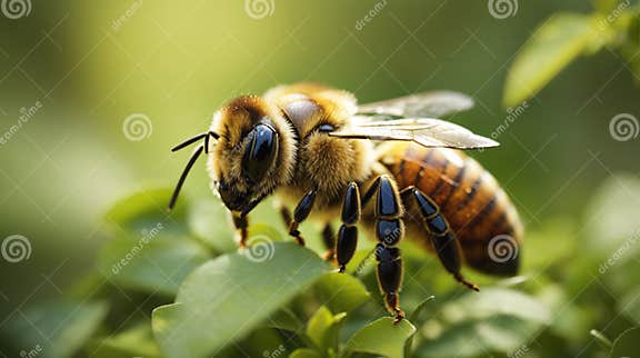 Bee with blurred greenery stock illustration. Illustration of ...