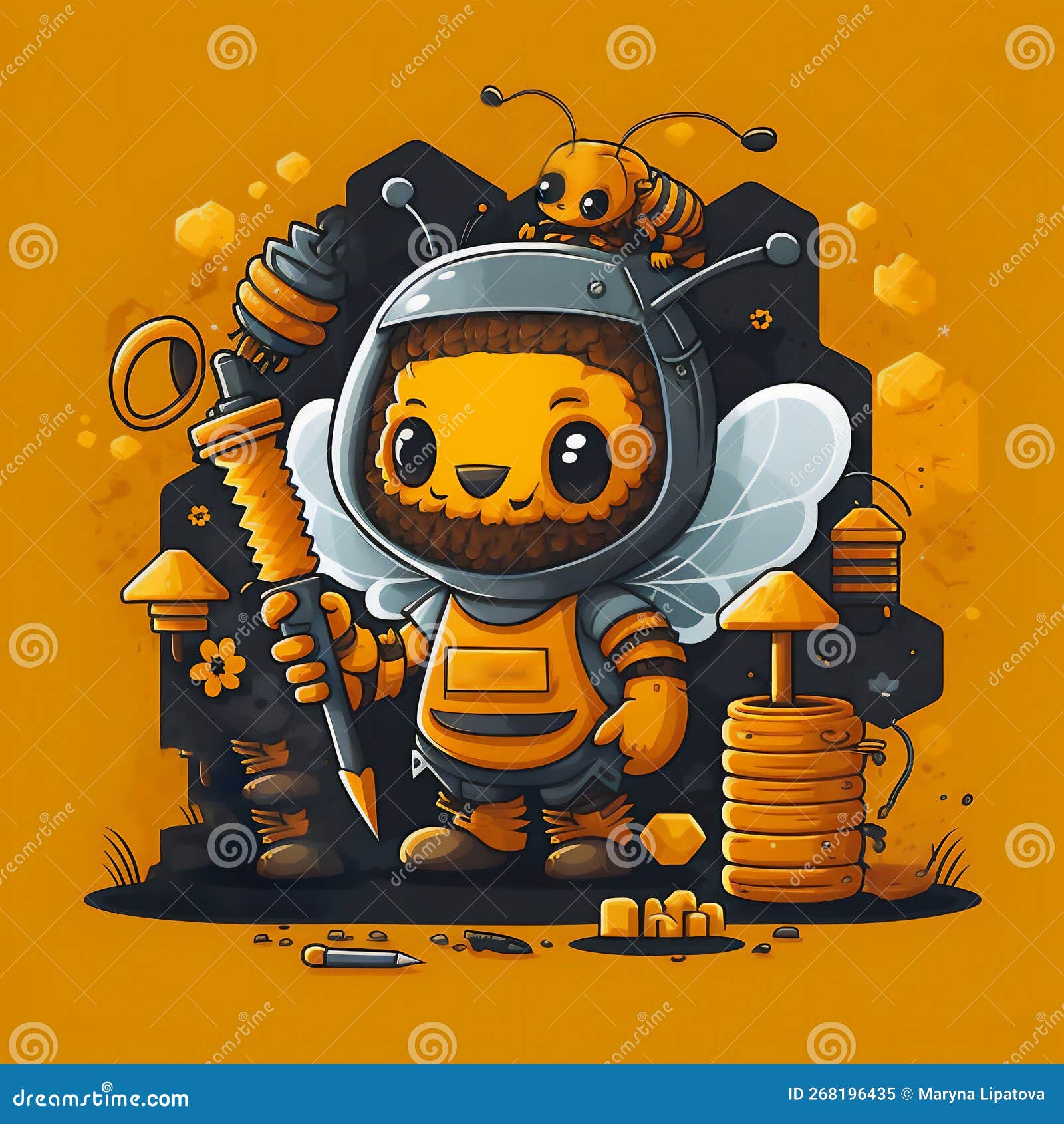 Bee Builder on an Orange Background. Construction of Honeycombs ...