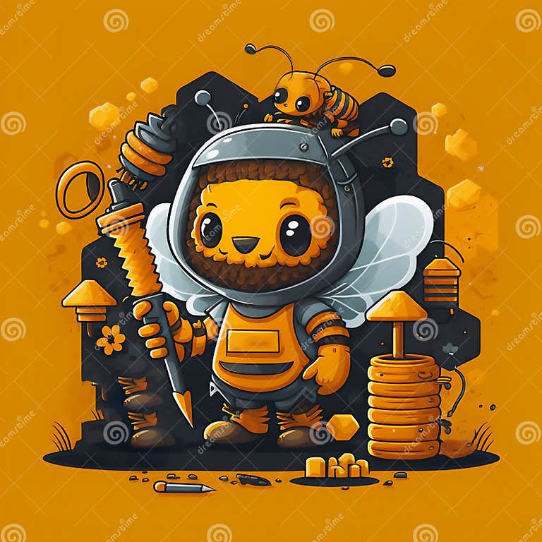Bee Builder on an Orange Background. Construction of Honeycombs ...
