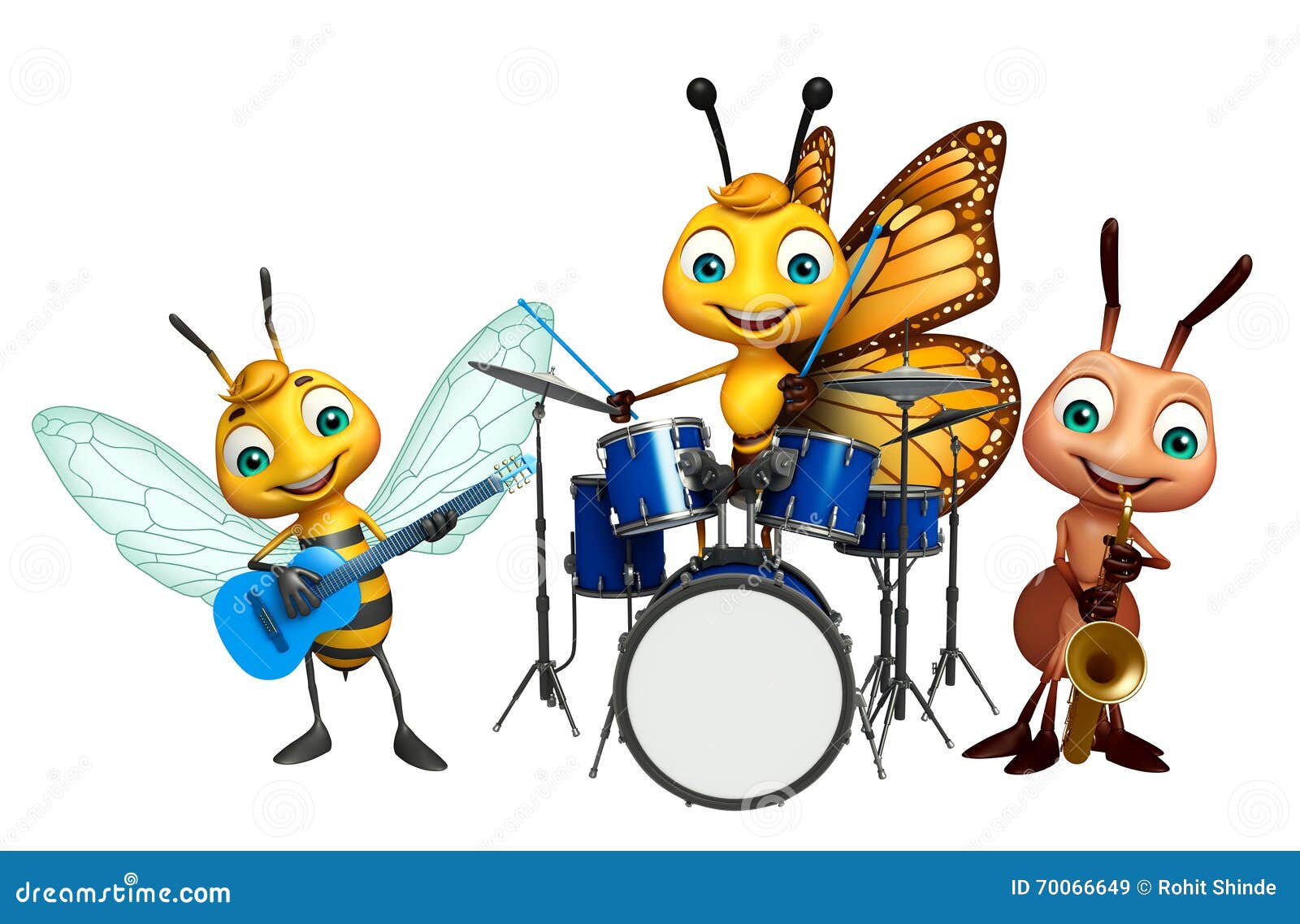 Bee, Butterfly and Ant with Musical Instument Stock Illustration ...
