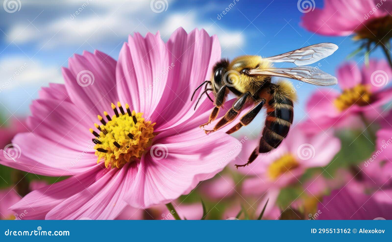 Bee on Cosmos Flower. Floral Background with Copy Space for Text ...