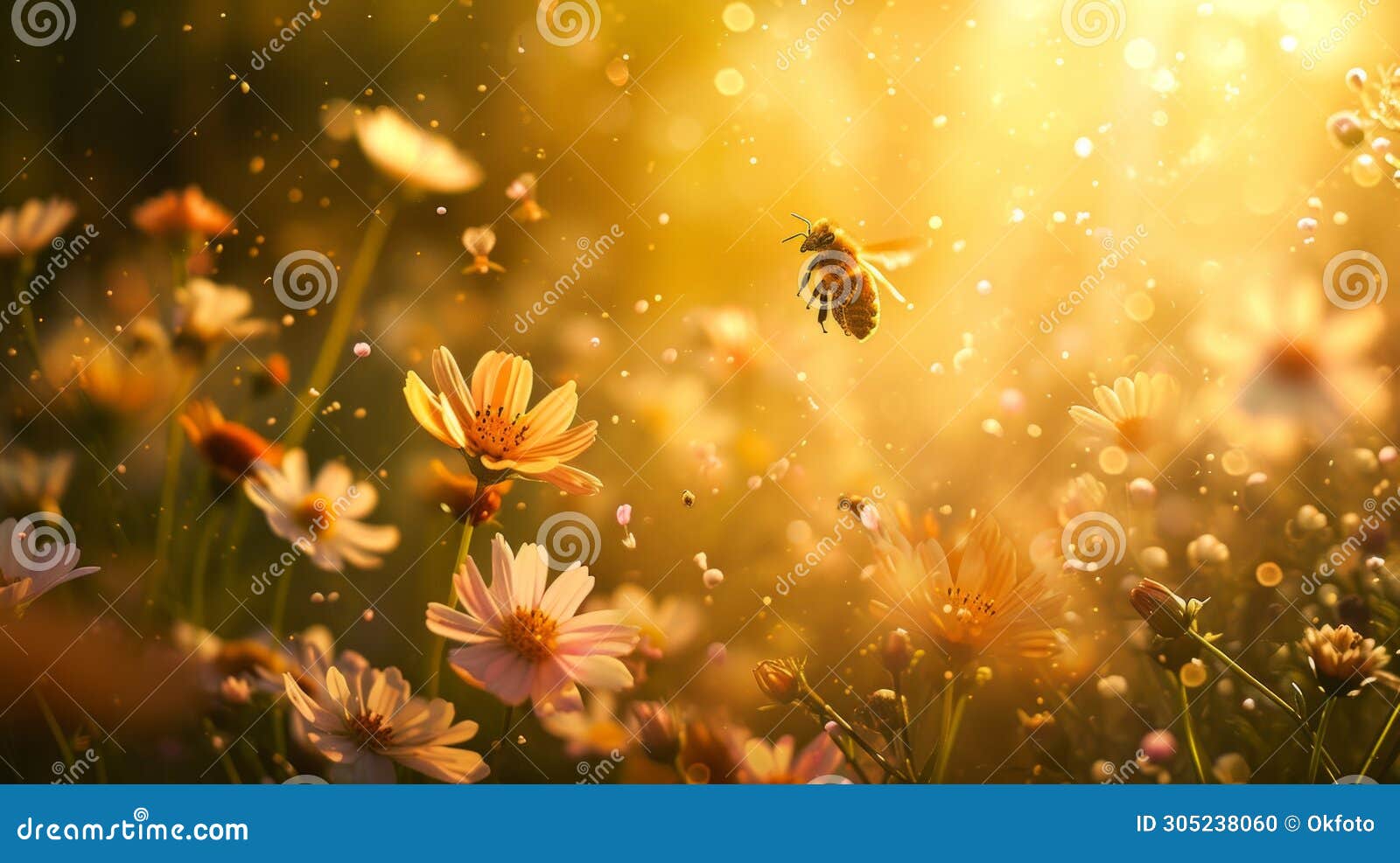 Bee Dancing among Blooming Flowers, Collecting Nectar, Expressing the ...