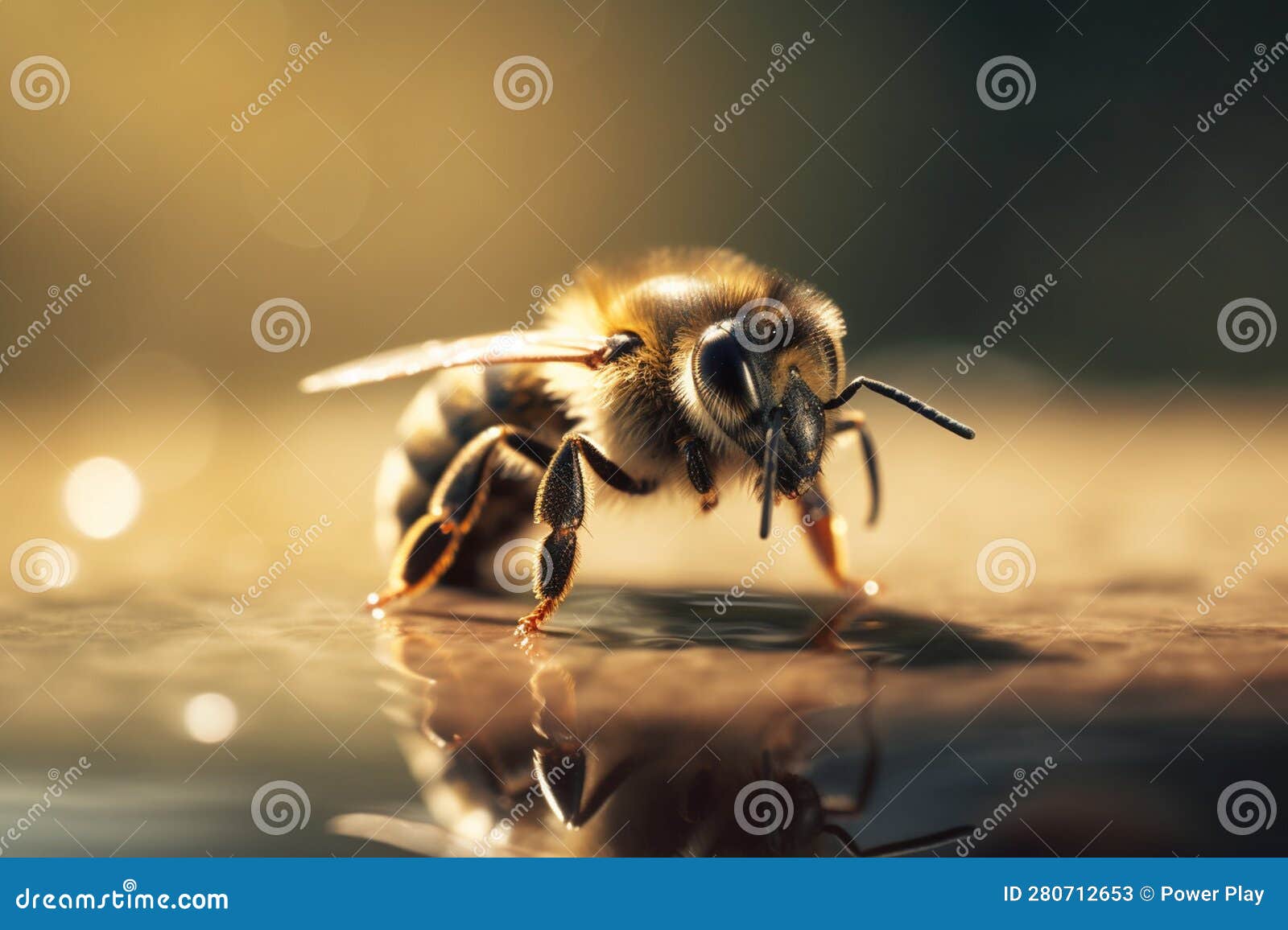 Bee on a Dark Background with Reflection. Close Up. Macro Stock ...