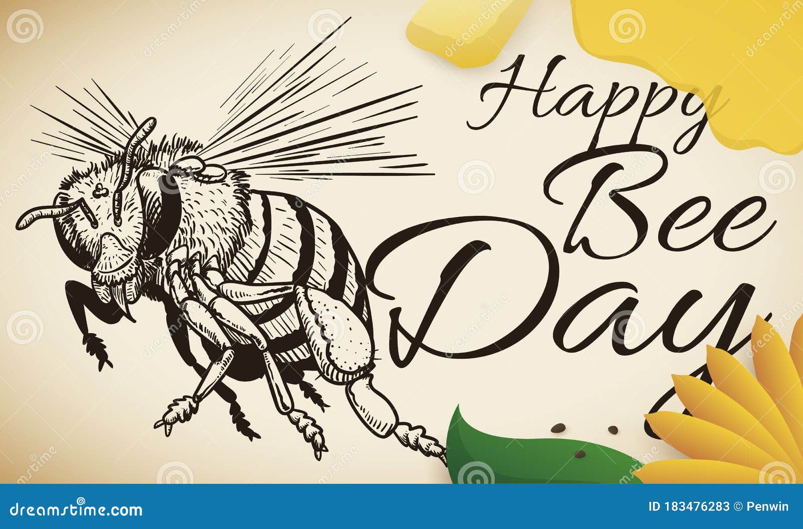 Bee Draw, Scroll, Seeds, Flower and Honey for Bee Day, Vector ...