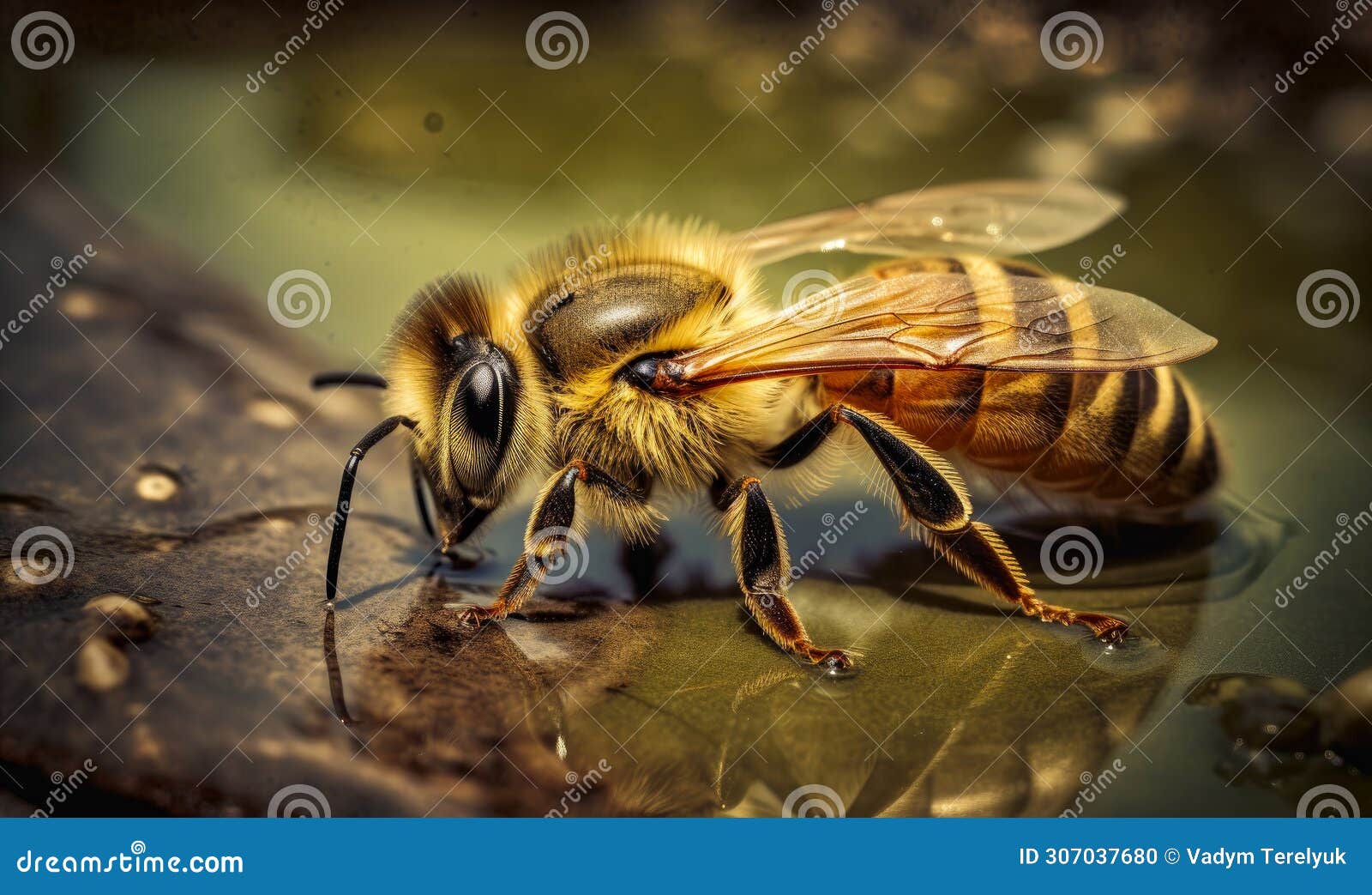 Bee Drinking Water from Puddle Stock Illustration - Illustration of ...