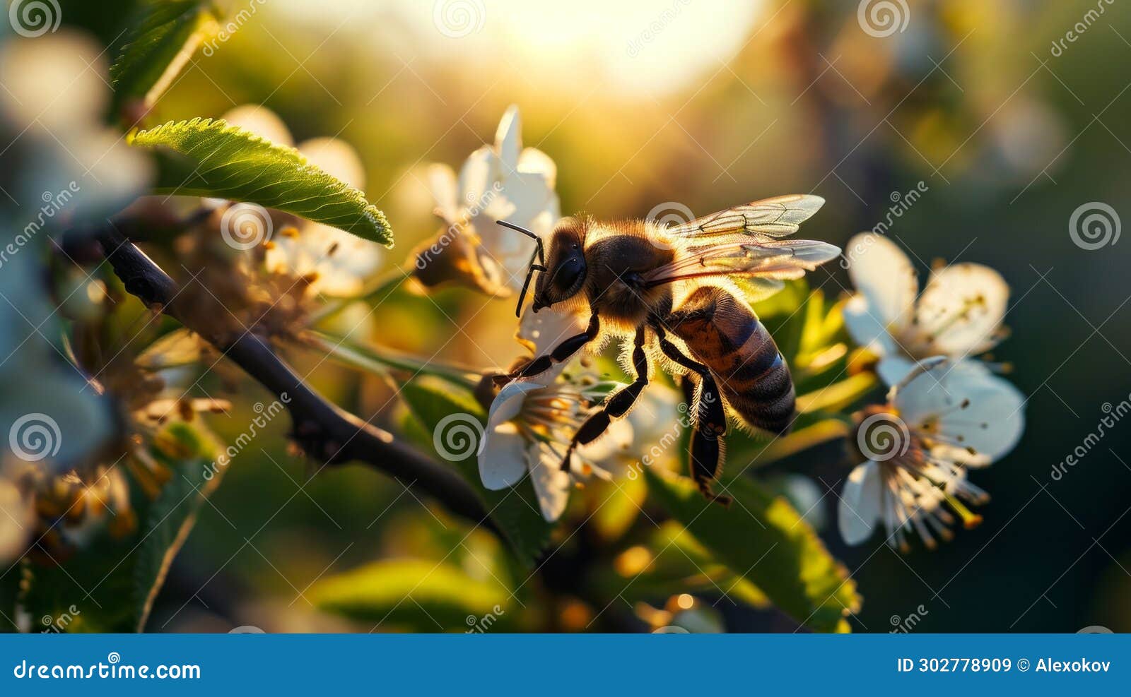 Bee on the Flower of a Cherry Tree in the Rays of the Setting Sun ...